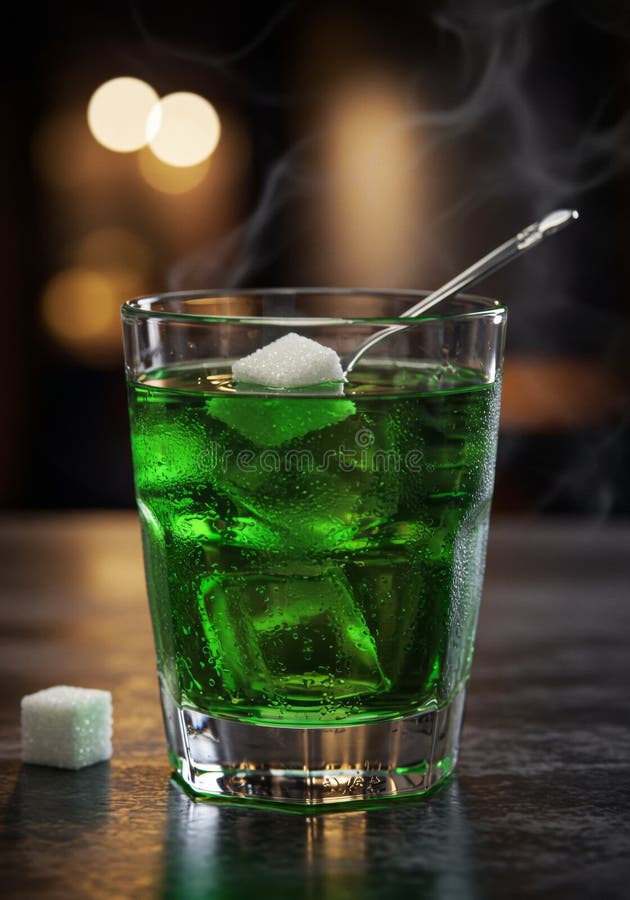 Green Alcoholic Cocktail with Ice and Sugar Cube Stock Illustration ...