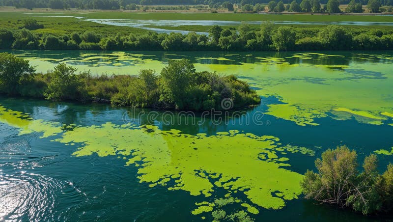 Green Algae Bloom Forming on River Surface Creating Environmental ...