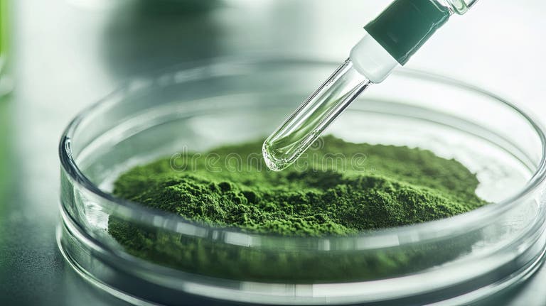 Green Algae Powder Sample on Petri Dish with Droppers. Stock Image ...