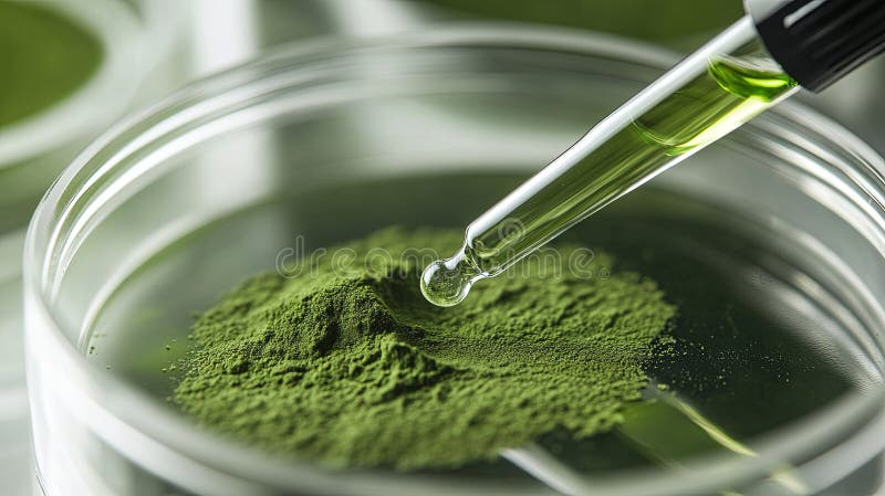 Green Algae Powder Sample on Petri Dish with Droppers. Stock Photo ...