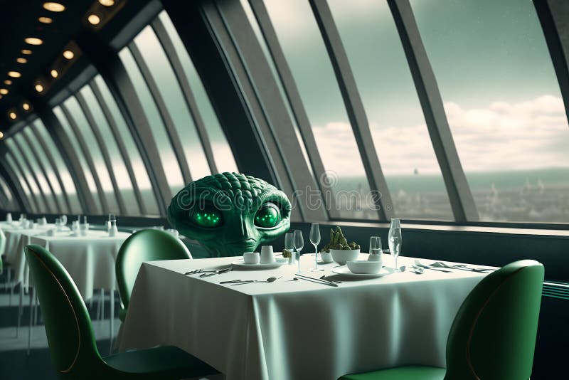Green Alien in Cafe with Big Window Stock Illustration - Illustration ...