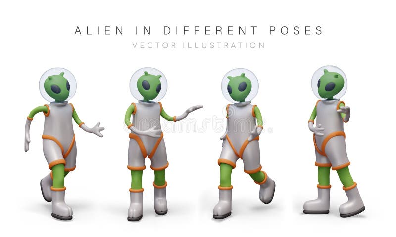 Green Alien in Different Poses. Realistic Colored Figures on White ...