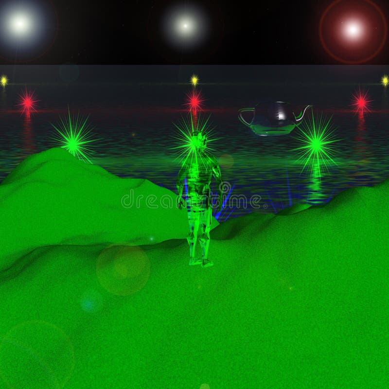 Green Alien Looks at the Flying Object Stock Illustration ...