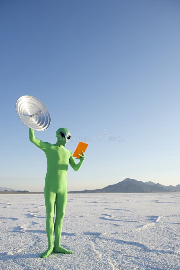 Green Alien Man Holding Tablet and Satellite Dish Stock Image - Image ...