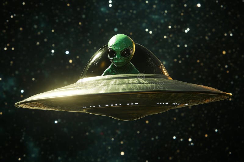 Green Alien Pilot Inside Flying Saucer in Outer Space Stock Photo ...