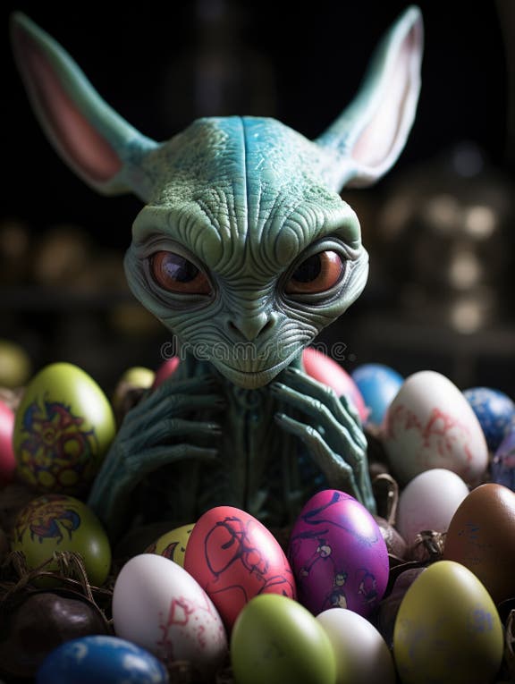 A Green Alien Sitting in a Pile of Colored Eggs, AI Stock Illustration ...