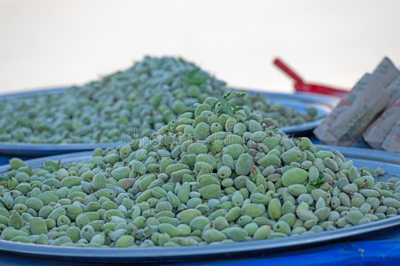 Green Almonds from a Street Vendor Stall Stock Image - Image of pile ...