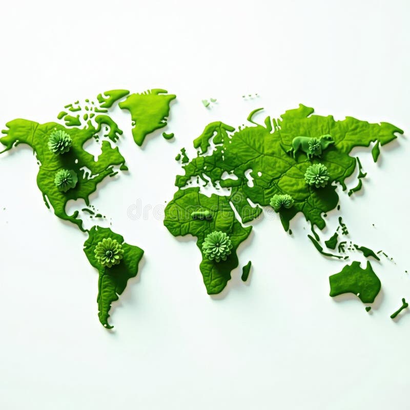 Green Animals on Leaf Shaped World Map Eco Friendly Earth Day Design ...