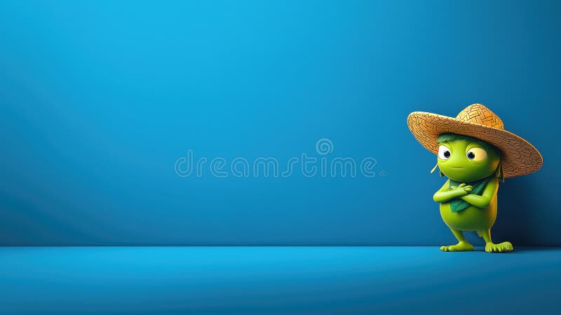 Green Animated Character with Straw Hat in Blue Background Stock Photo ...
