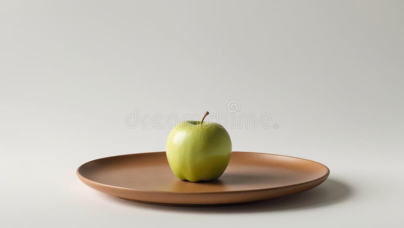 Green Apple in Brown Plate - Still Life Delight. Stock Photo - Image of ...