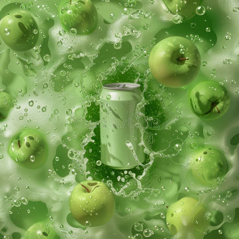 Green Apple and Can Splashed in Water Stock Illustration - Illustration ...