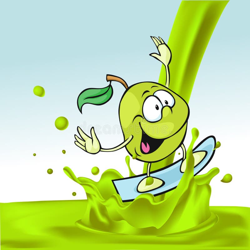 Green Apple Cartoon Surfing on Juice Splash - Vector Stock Vector ...