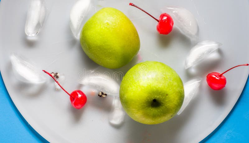 Green Apple with Cherry Top View Stock Photo - Image of view, food ...