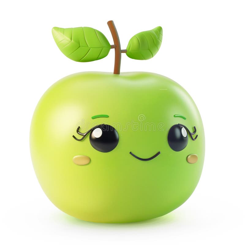 Green Apple with a Cute Face and Two Leaves Stock Illustration ...