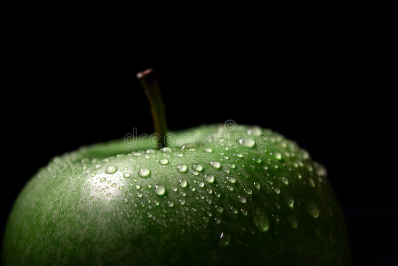 Green Apple with Drops on Dark Background Stock Photo - Image of apple ...
