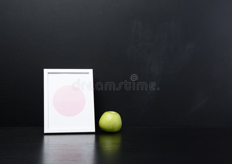 Green Apple and Empty White Wooden Photo Frame Stock Photo - Image of ...