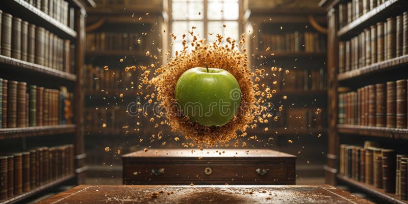 Green Apple Exploding into Golden Brown Particles on Wooden Desk in ...