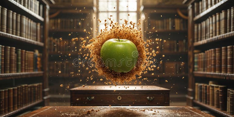 Green Apple Exploding into Golden Brown Particles on Wooden Desk in ...
