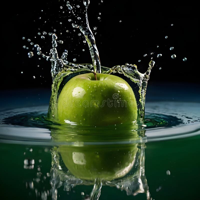 Green Apple Falling Deeply Under Water with a Big Splash Stock ...