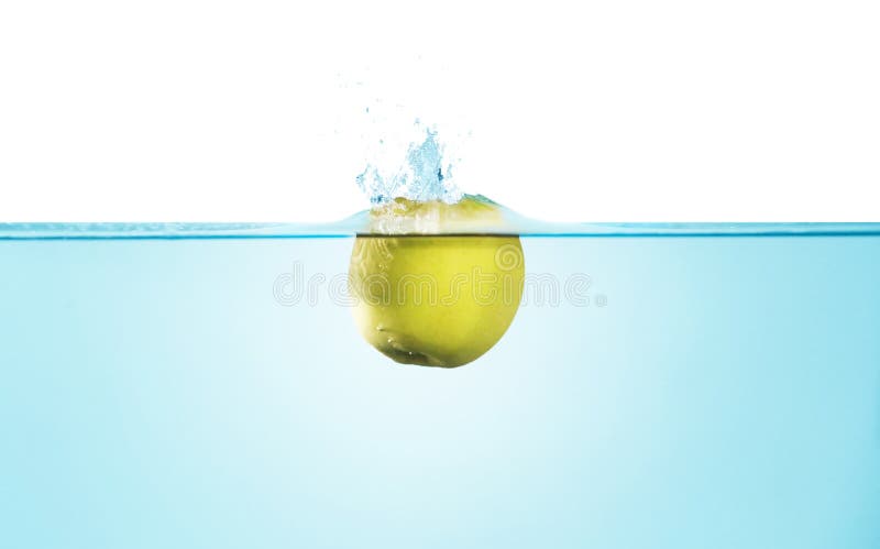 Green Apple Falling Down into Clear Water Against White Background ...