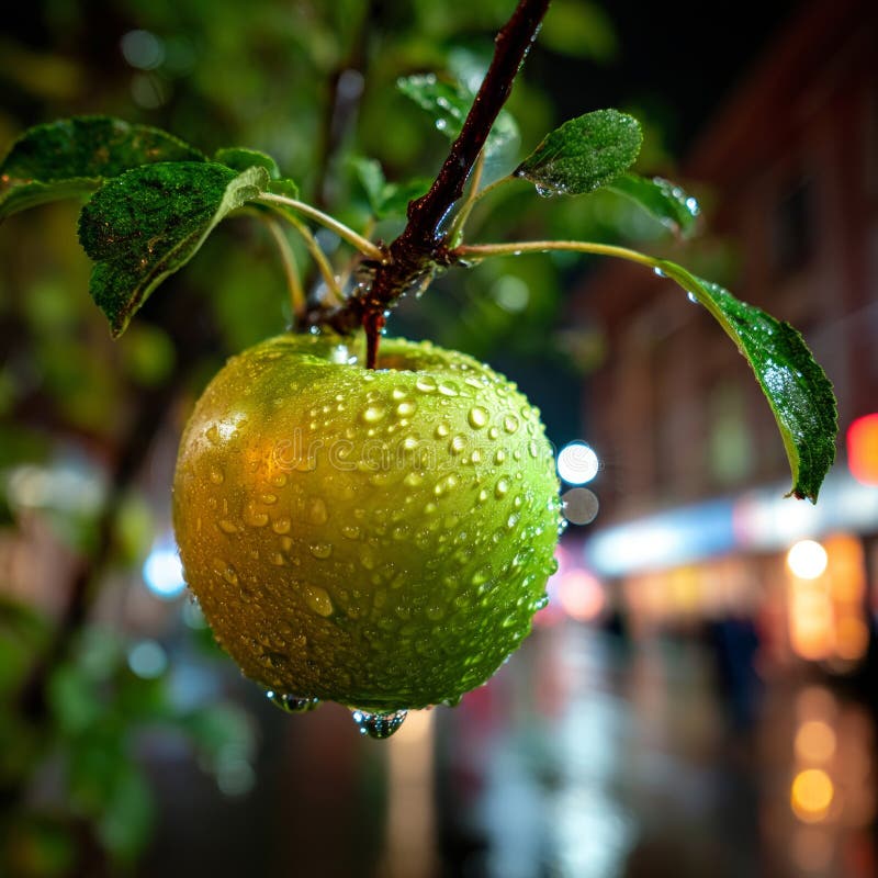 A Green Apple Hanging from a Tree Branch with Water Droplets on it ...