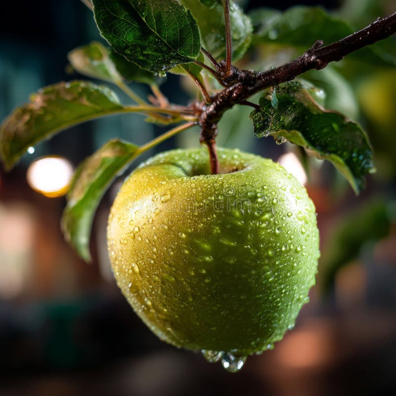 A Green Apple Hanging from a Tree Branch with Water Droplets on it ...