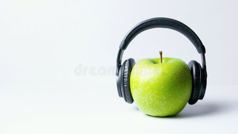 Green Apple with Headset Isolated on White Background with Room for ...