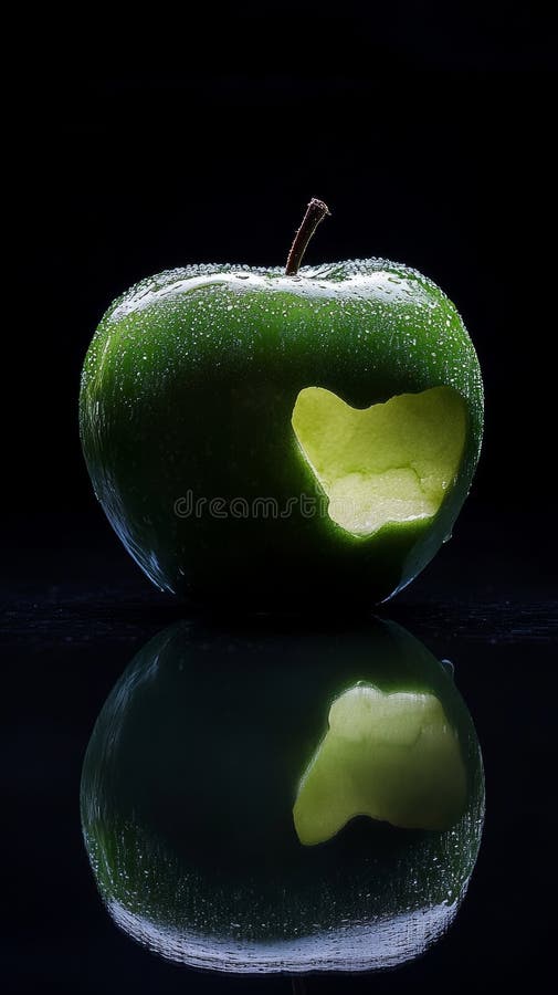 Green Apple with Heart-shaped Bite on Black Reflective Surface Stock ...