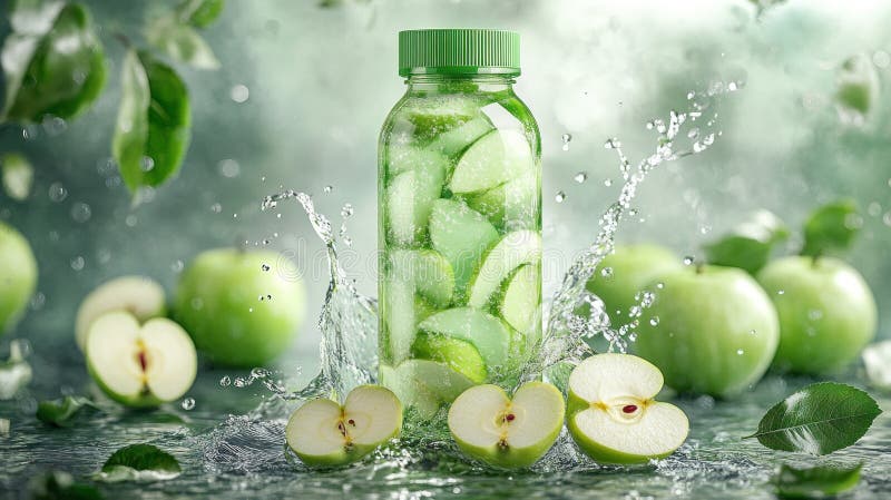 A Green Apple Juice Bottle with a Splash of Water on Top Stock Photo ...