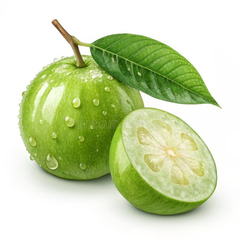 Green Apple with Leaf, Half Cut, Dew Drops, Isolated on White ...
