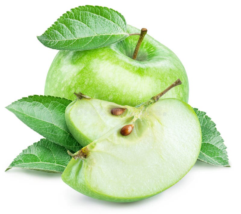 Green Apple with Leaves and Green Apple Pieces on White Background ...