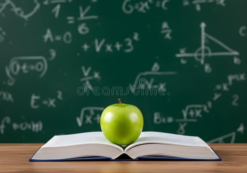 Green Apple on Open Book with Math Chalkboard Background Stock ...