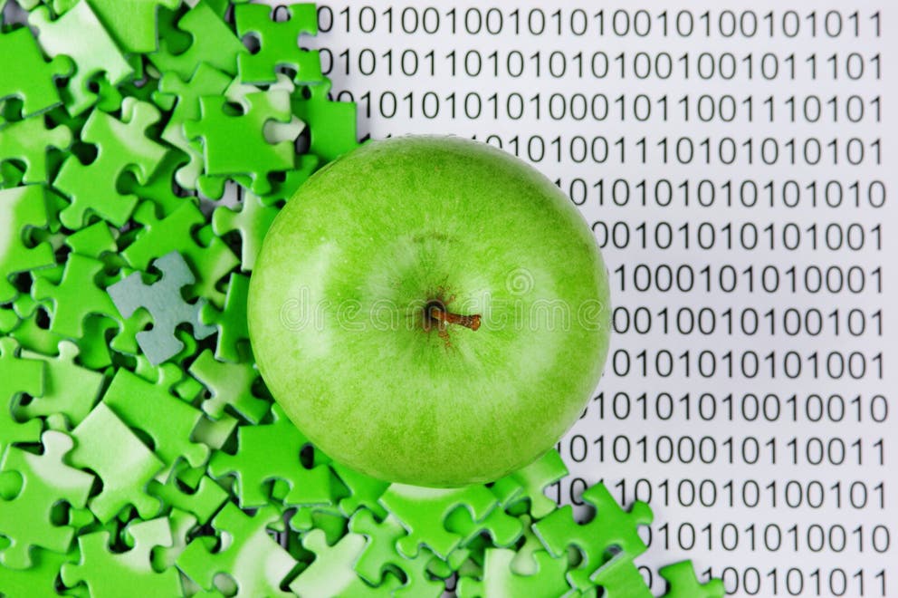 Green Apple and Puzzles on Binary Code Stock Image - Image of physics ...