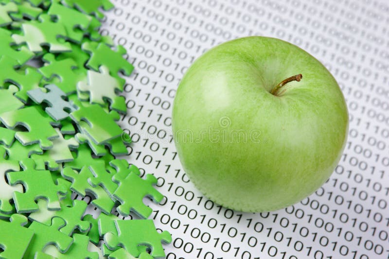 Green Apple and Puzzles on Binary Code Stock Image - Image of physics ...