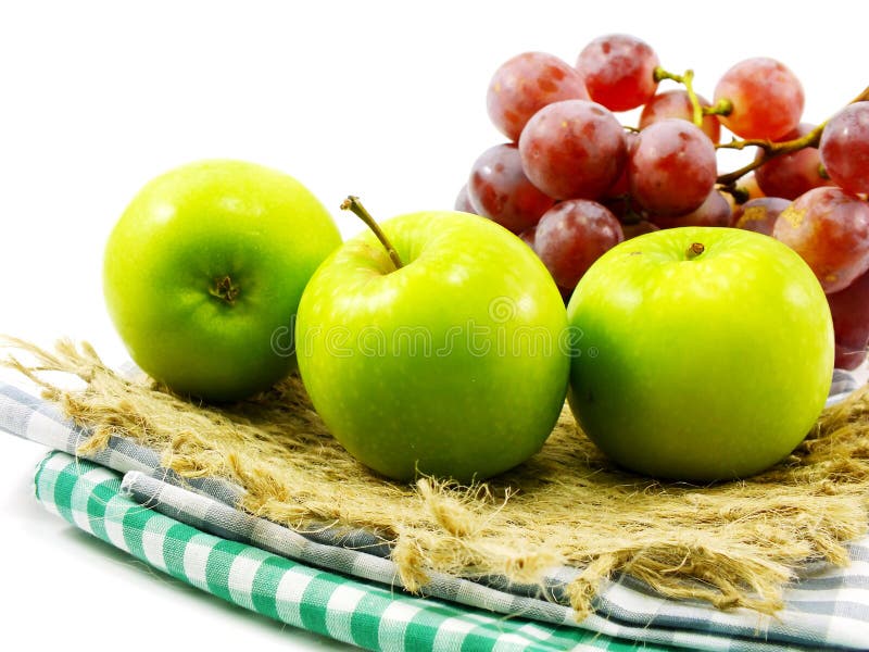 Green Apple and Red Grapes on Tablecloth Stock Image - Image of ...