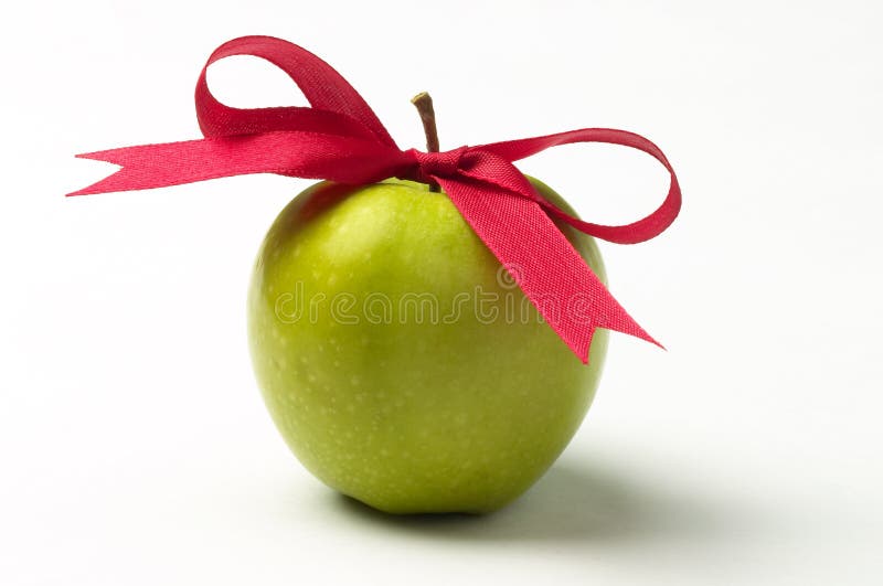 Green Apple and Red Ribbon Bow Stock Photo - Image of isolated, gift ...