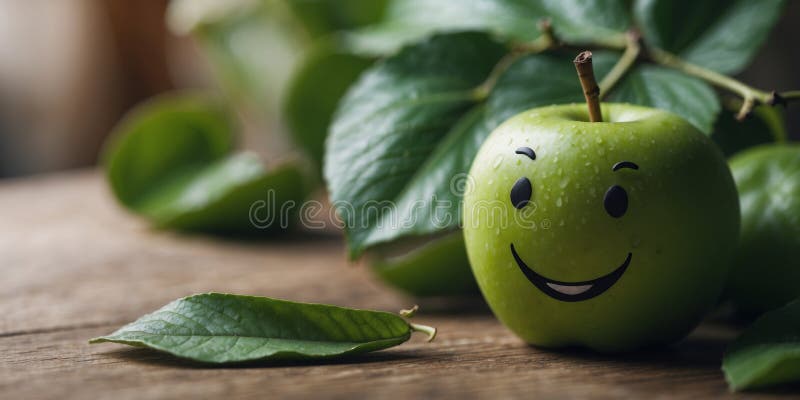 A Green Apple with a Smiling Face and a Leaf on Top. Stock Photo ...