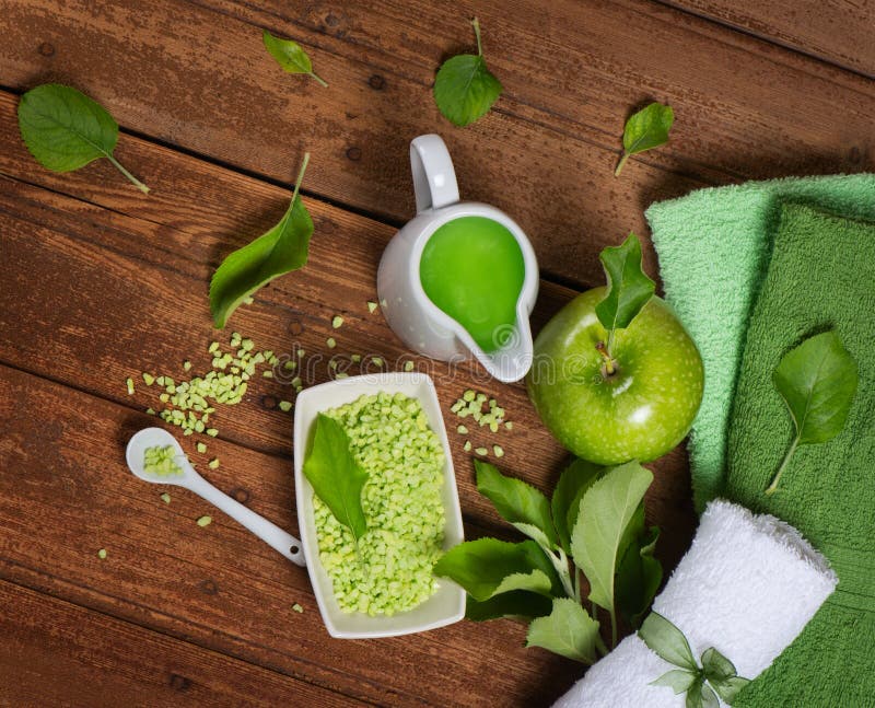 Green apple spa top view stock photo. Image of salt, natural - 44604292