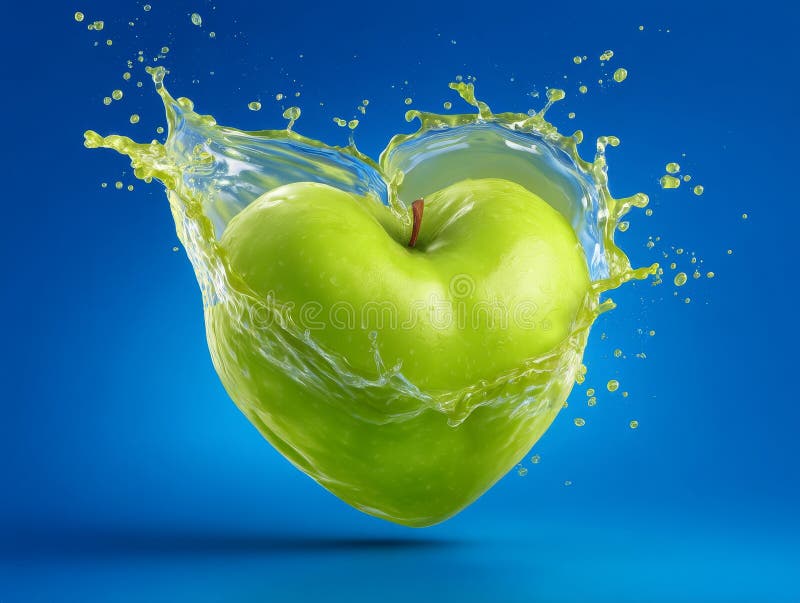 Green Apple Splashed with Water on Vibrant Blue Background Stock Image ...