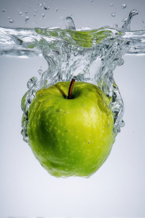 Green Apple Splashes into Clear Liquid, Creating a Dynamic Freeze Frame ...