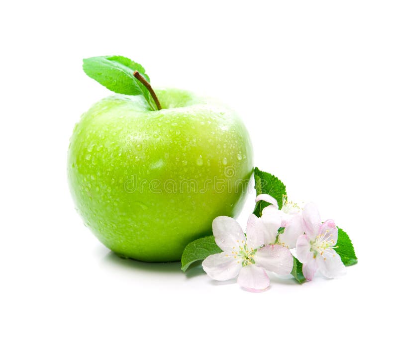 Green Apple with Spring Flowers Stock Photo - Image of food, garden ...