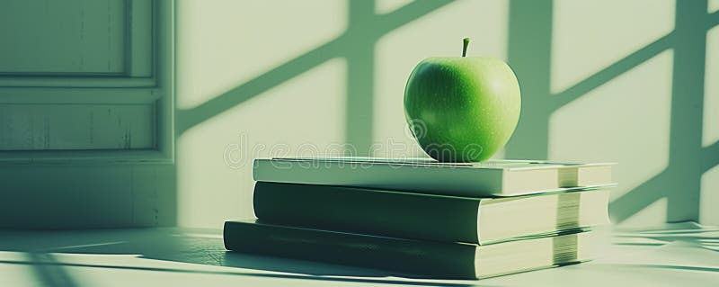 Green Apple on Stack of Books with Shadow Effect, Minimalism and ...