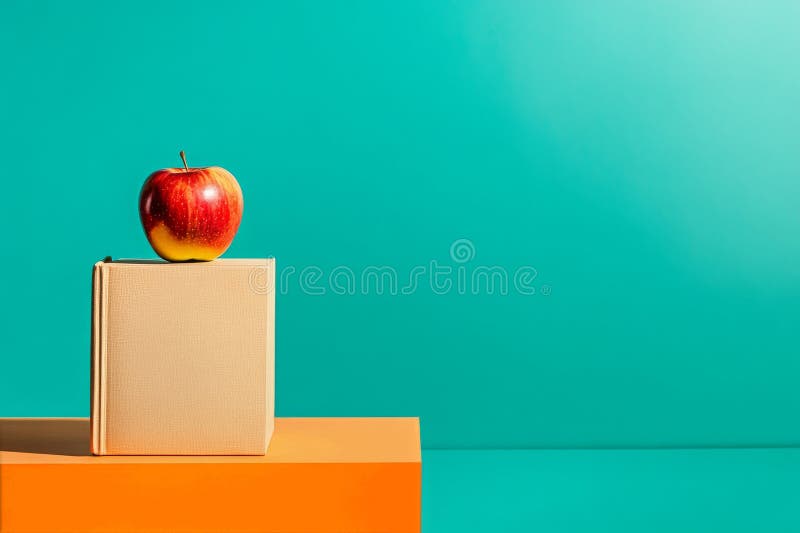 Green Apple on Stacked Books Against a Solid Color Background in a ...