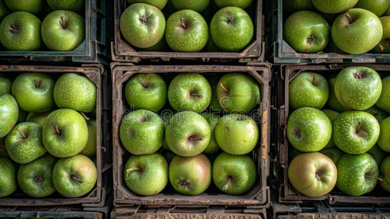 Green Apple Storage. Set of Apples in Boxes. Top View. Stock Photo ...