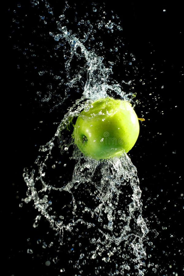 Green Apple with Water Splash, on Black Stock Image - Image of nature ...