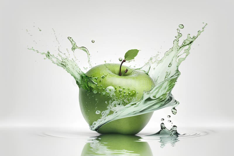 Green Apple with Water Splash Isolated on White Background. 3d ...