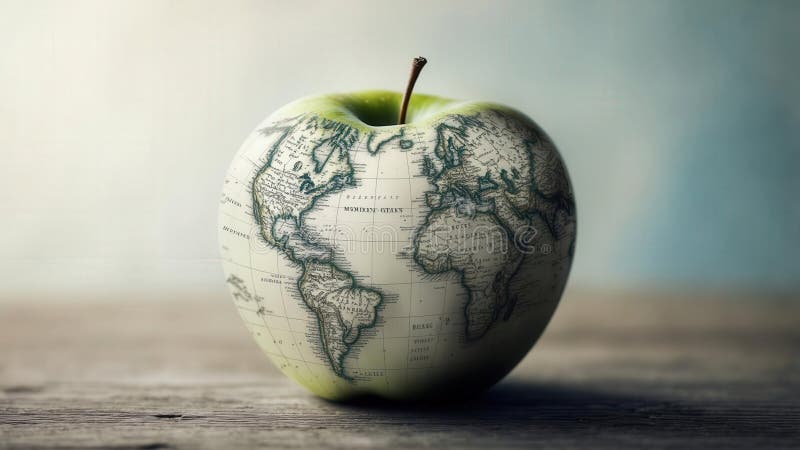 Green Apple with a World Map Illustration on Its Surface, Symbolizing ...