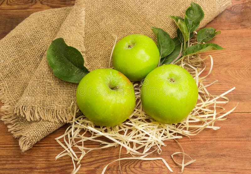 Green Apples, Apple Tree Twig on Burlap on Rustic Table Stock Image ...