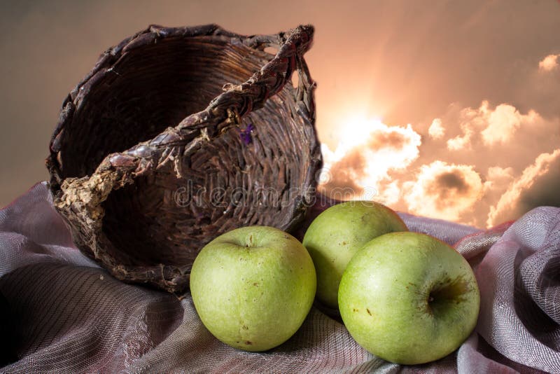 Green Apples and Basket with Sky Stock Photo - Image of still, back ...