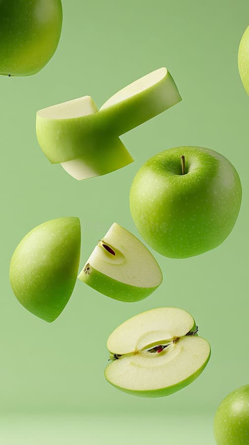 Green Apples Floating and Sliced on a Green Background Stock Image ...